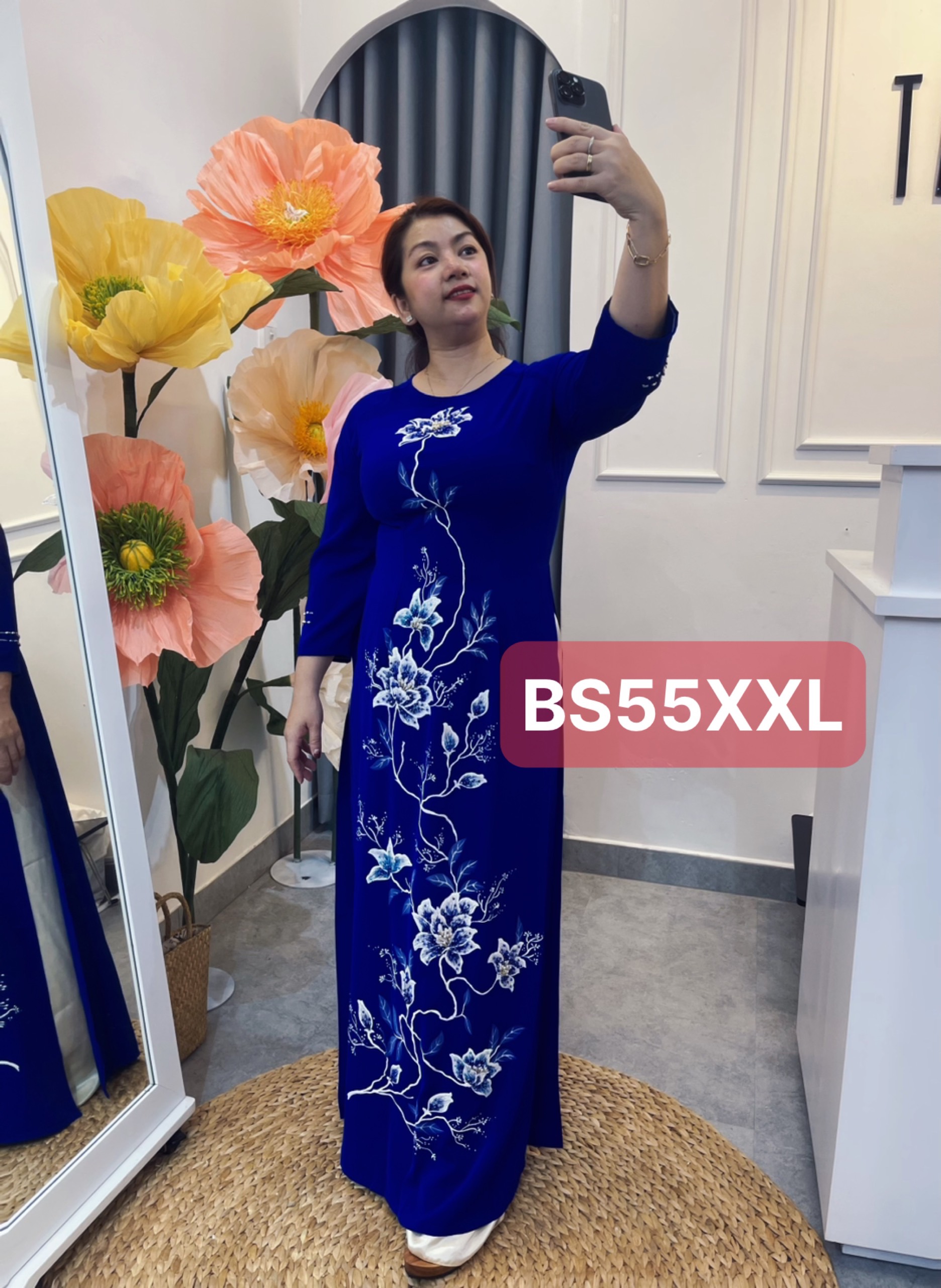 Áo Dài BS Xanh Vẽ Hoa Kết Hạt 3D BS55 – Áo Dài Thím Ba