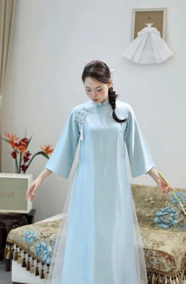Áo Dài Lụa Vân Gỗ Xanh Đá Form Suông Kết Charm - 4 Tà - Áo Dài Thím Ba
